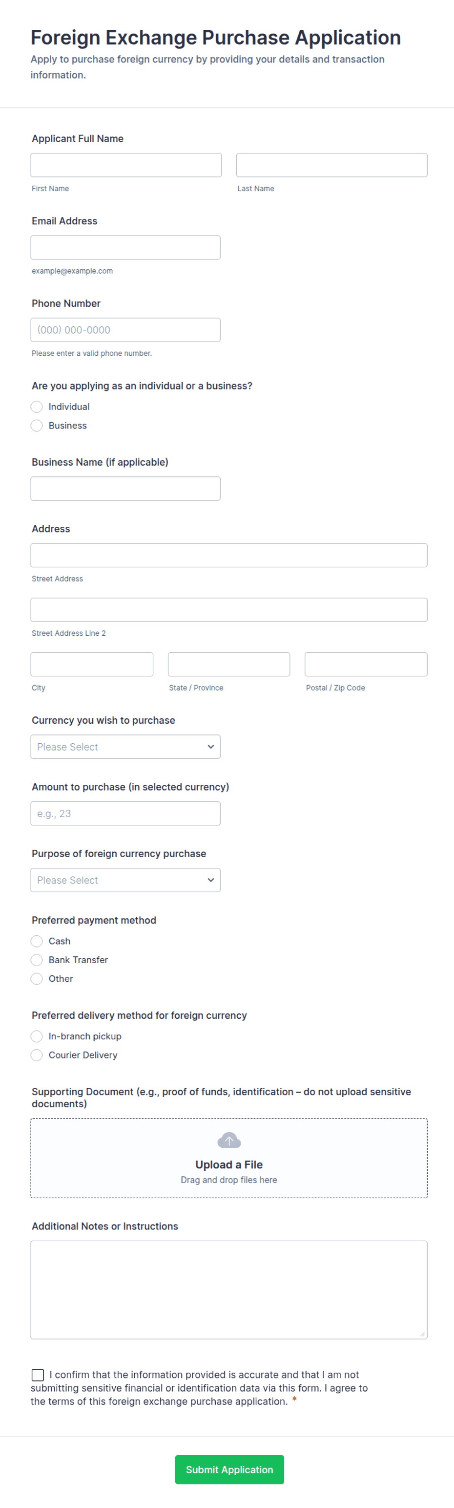 Foreign Exchange Purchase Application Form Template | Jotform