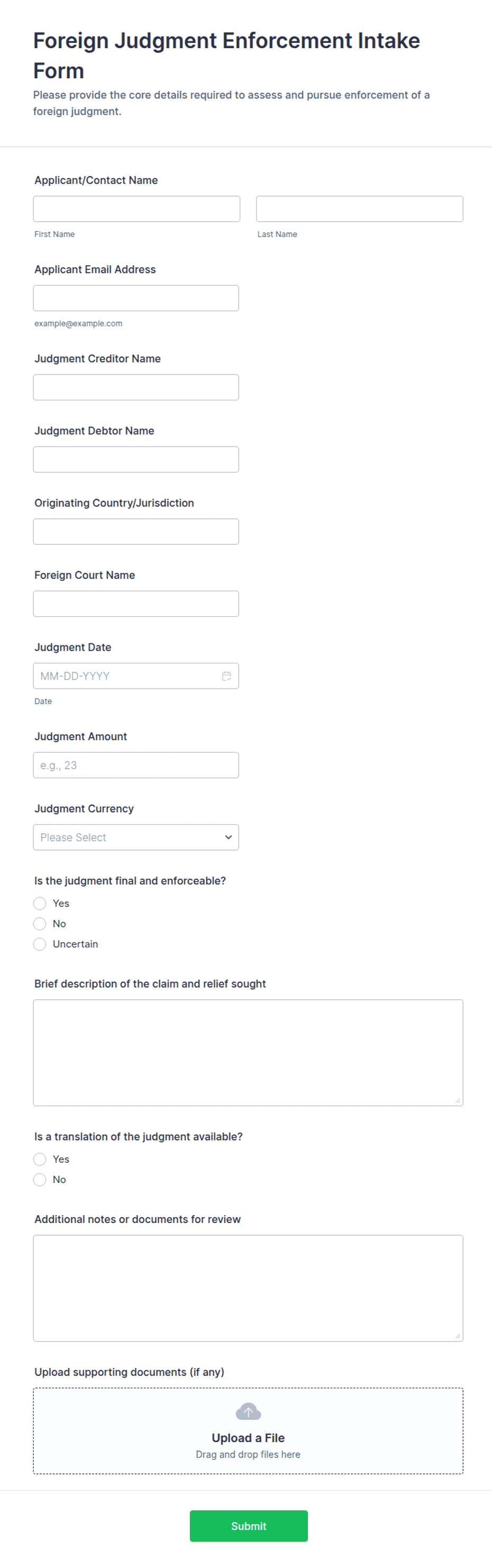 Foreign Judgment Enforcement Intake Form Template | Jotform