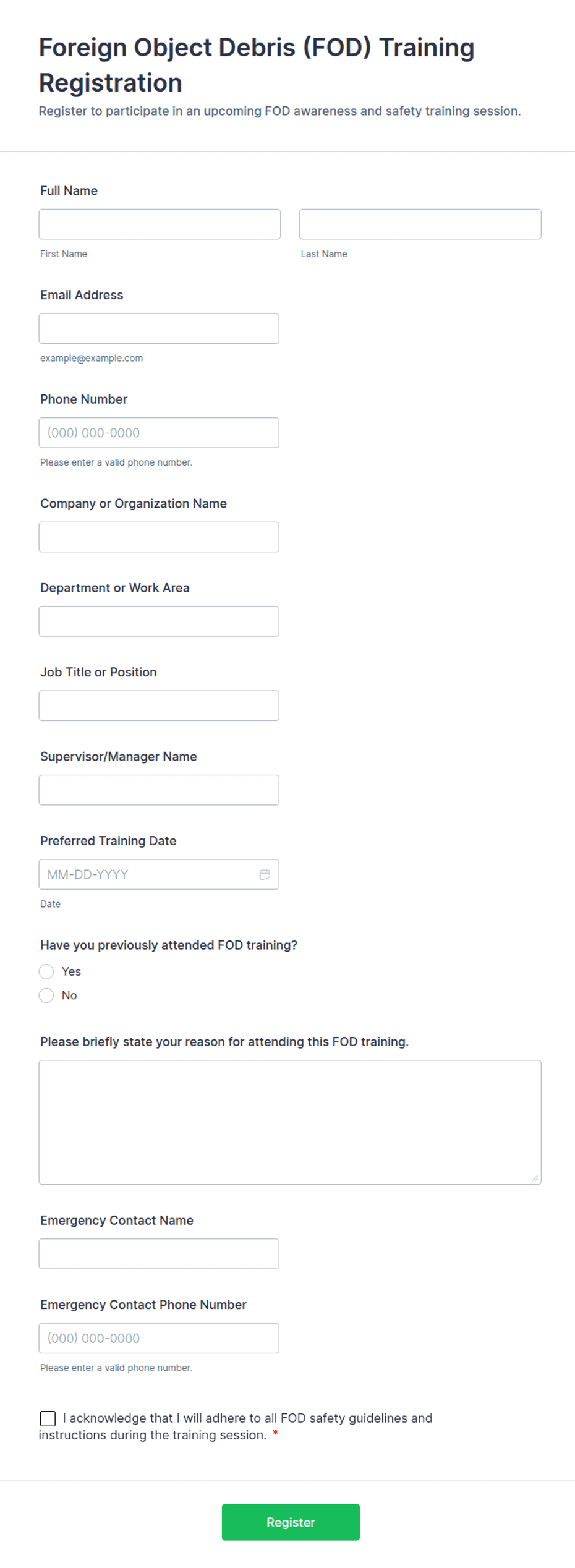 Foreign Object Debris (FOD) Training Registration Form Template | Jotform