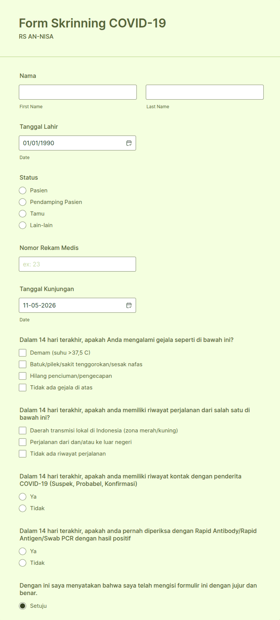 Form Skrining COVID-19 | Jotform