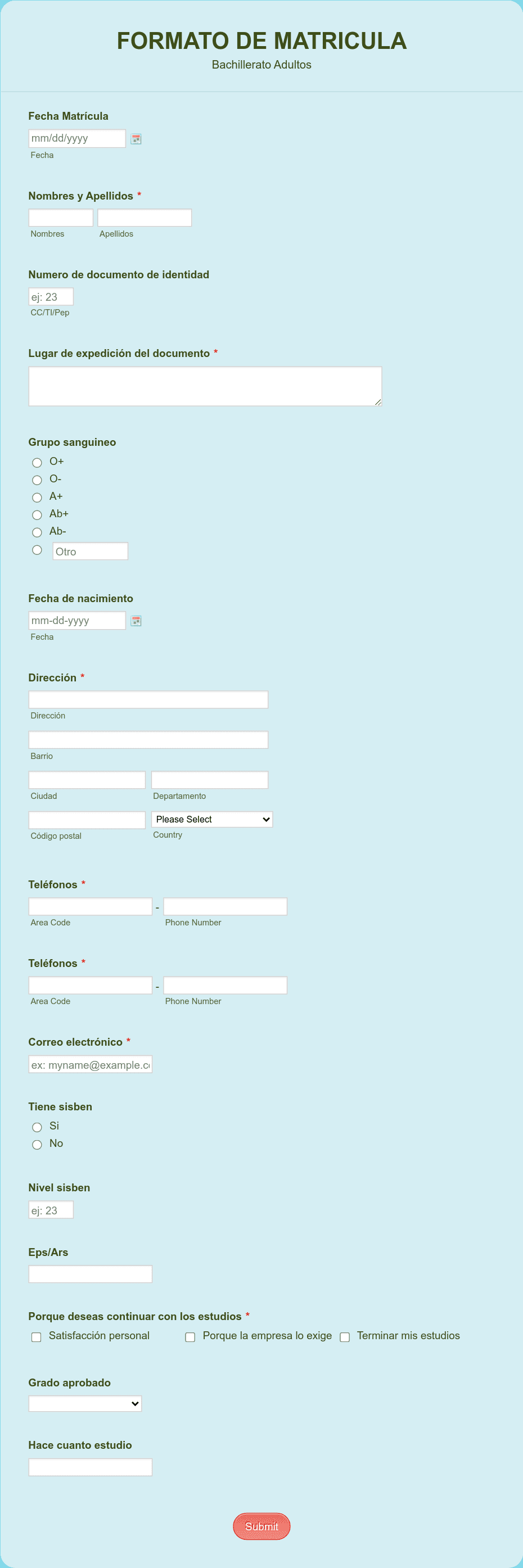 Formato de Matricula Bachillerato Plantilla de formulario | Jotform