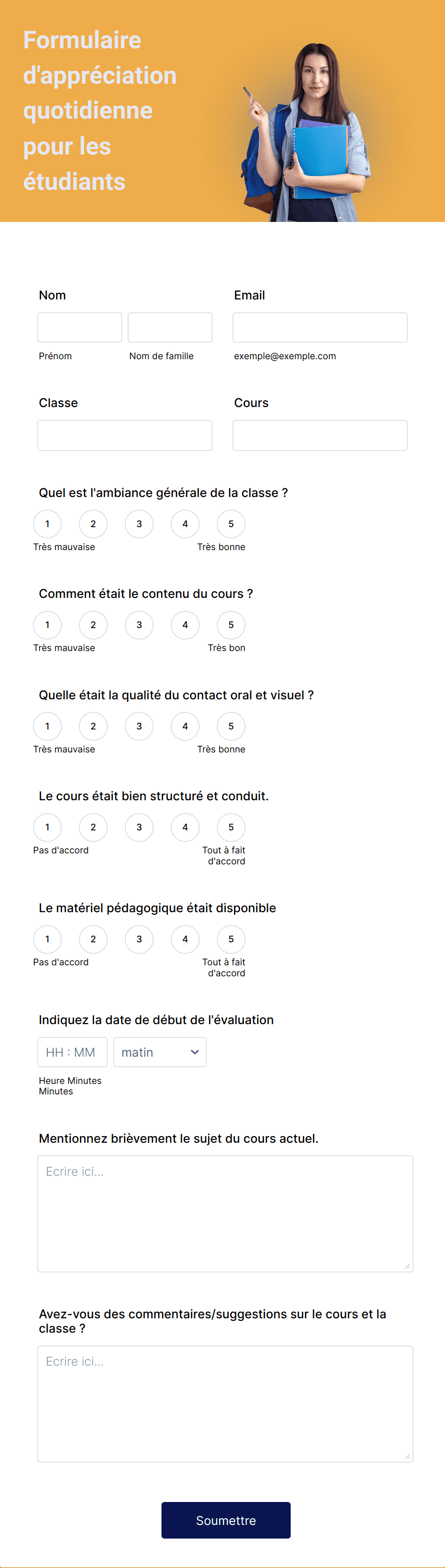 Formulaire d'appréciation quotidienne pour les étudiants Modèle du ...