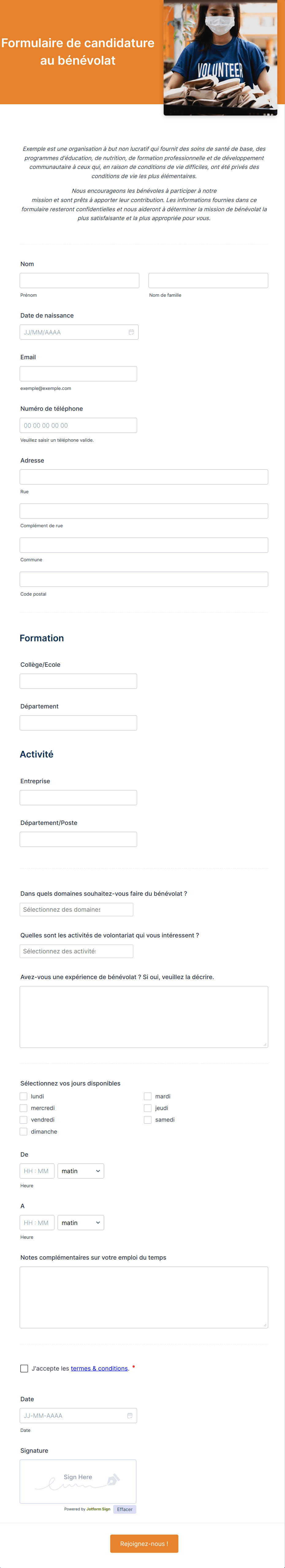 Formulaire de candidature au bénévolat Modèle du formulaire | Jotform