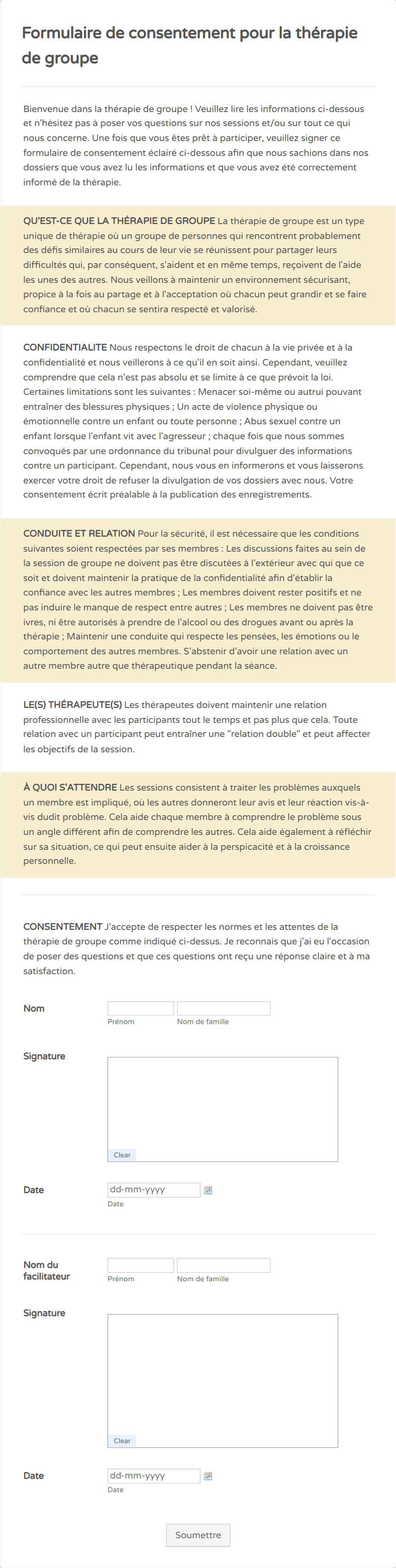 Formulaire de consentement pour la thérapie de groupe Modèle du ...