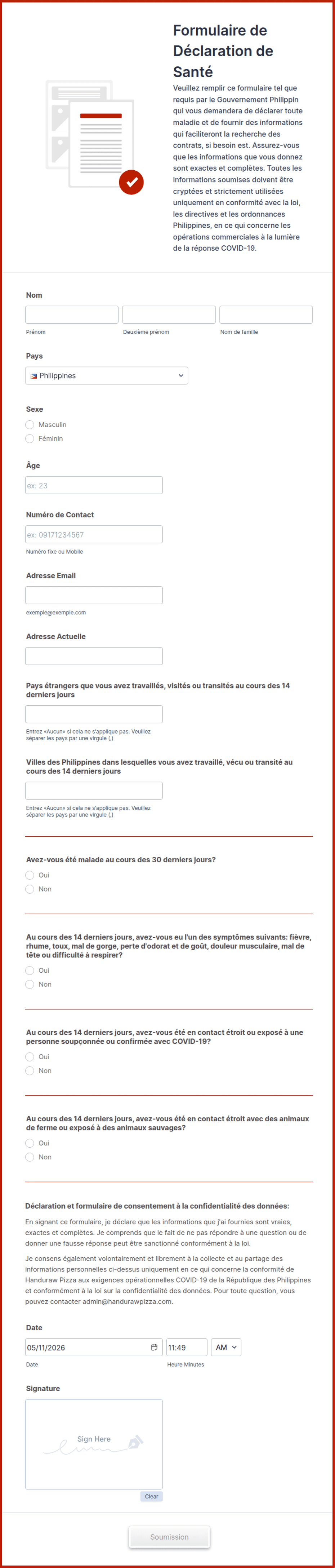 Modèle Formulaire de Déclaration de Santé & Covid - Voyages | Jotform