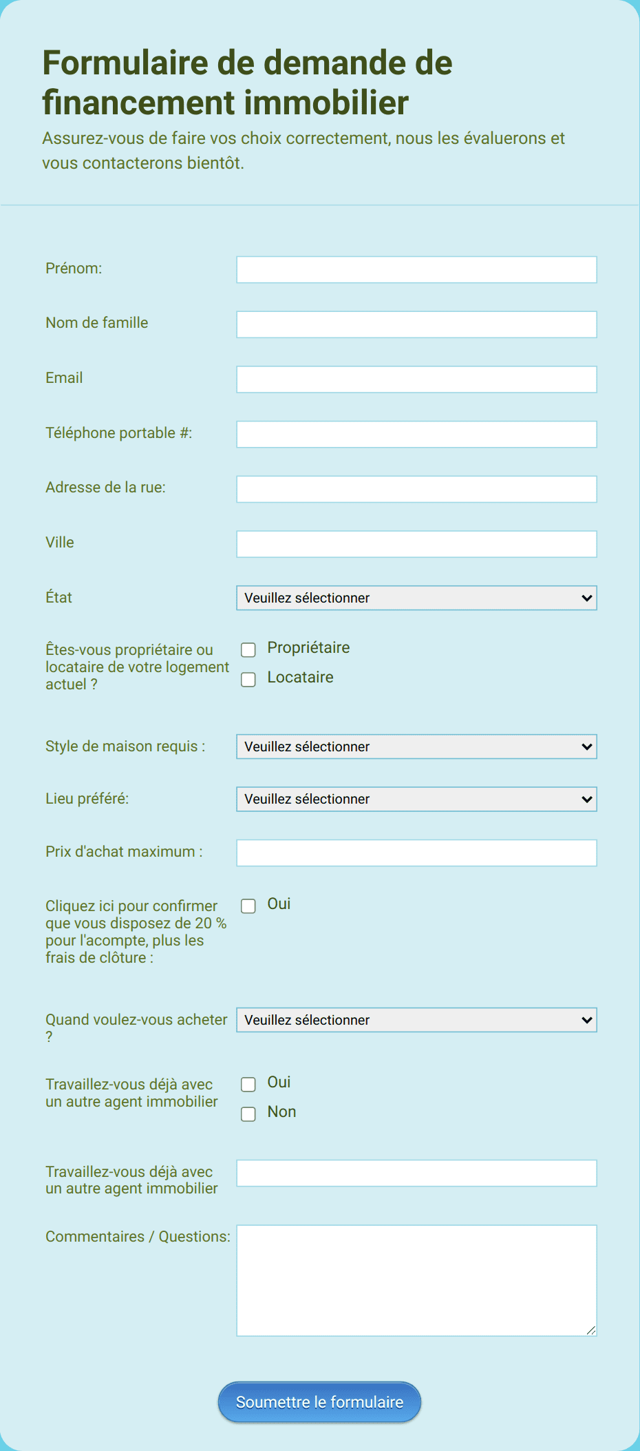 Formulaire de demande de financement immobilier Modèle du formulaire | Jotform