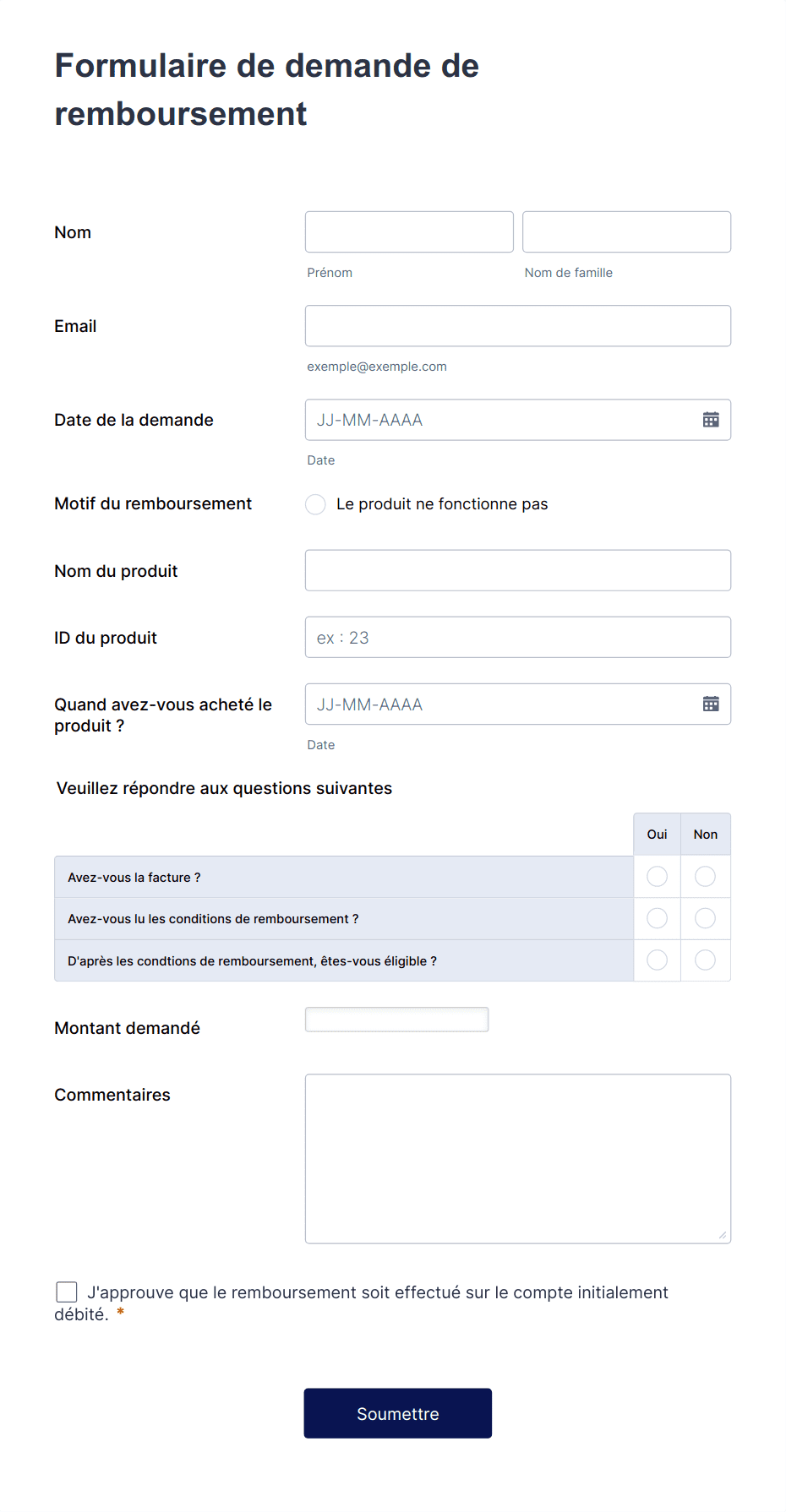 Formulaire de demande de remboursement Modèle du formulaire | Jotform