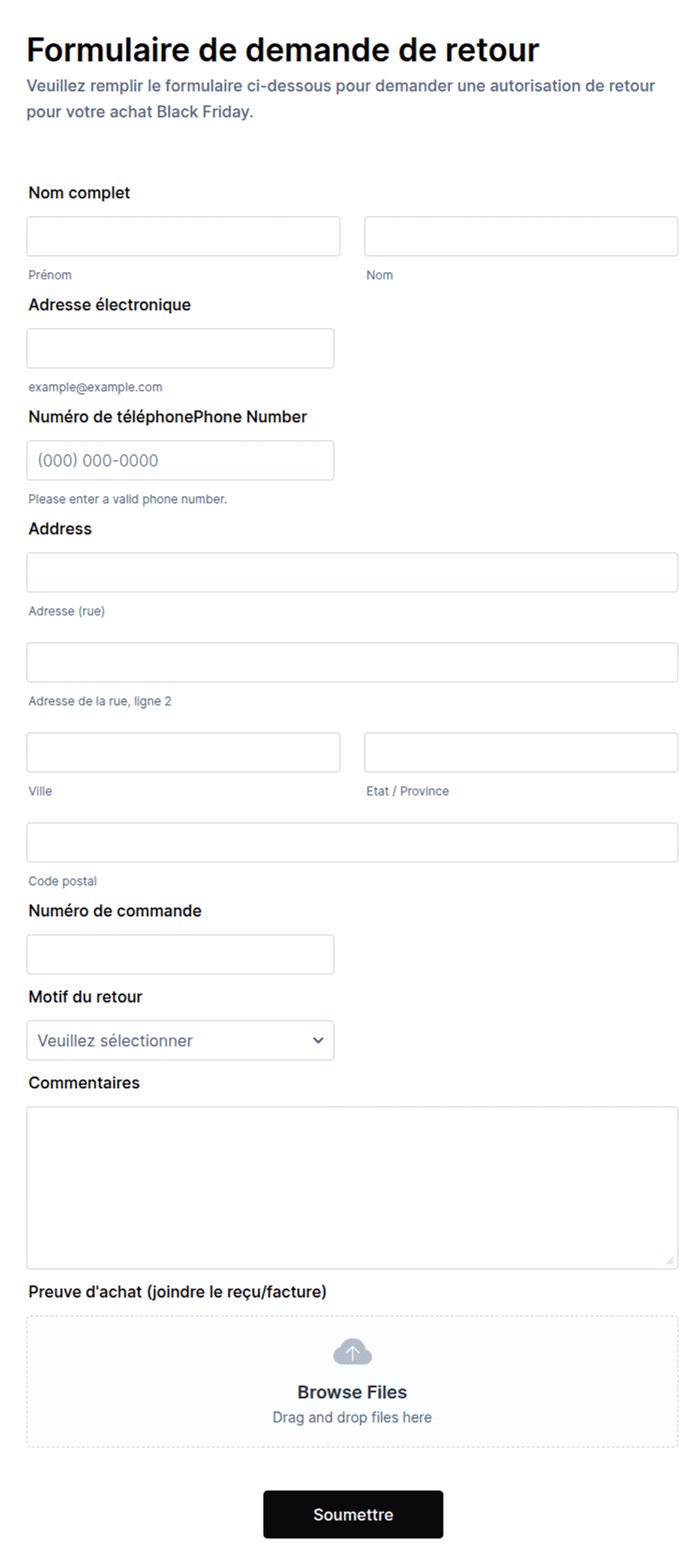 Formulaire de demande de retour Black Friday | Jotform