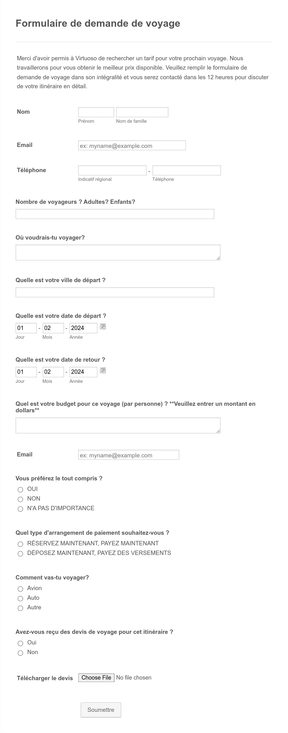 Formulaire de demande de voyage Modèle du formulaire | Jotform
