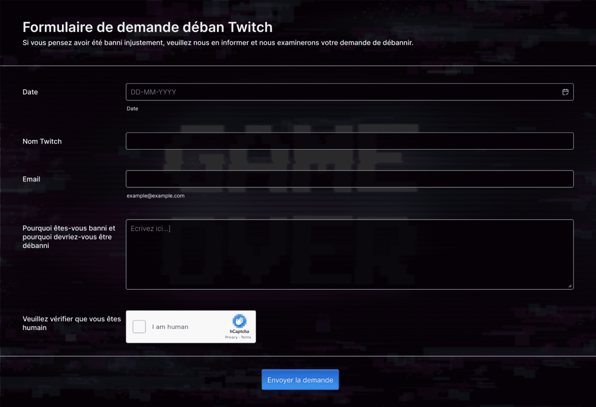 Formulaire de demande déban Twitch Modèle du formulaire | Jotform