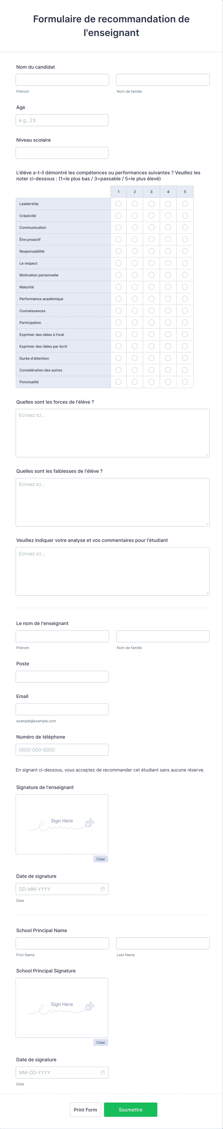 Formulaire de recommandation de l'enseignant Modèle du formulaire | Jotform
