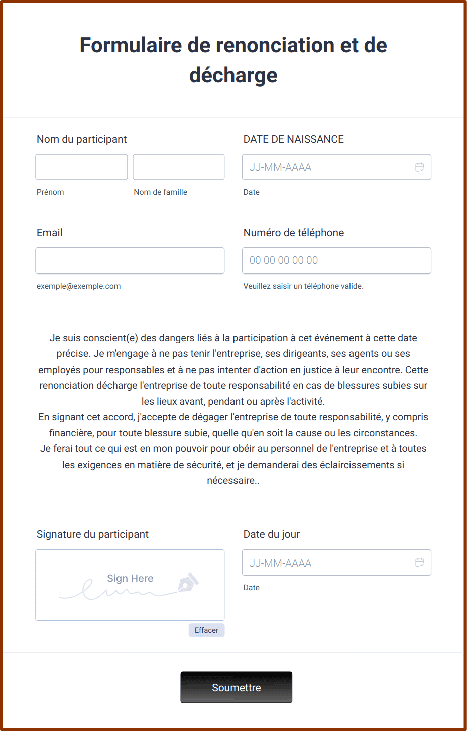 Formulaire de renonciation et de décharge Modèle du formulaire | Jotform