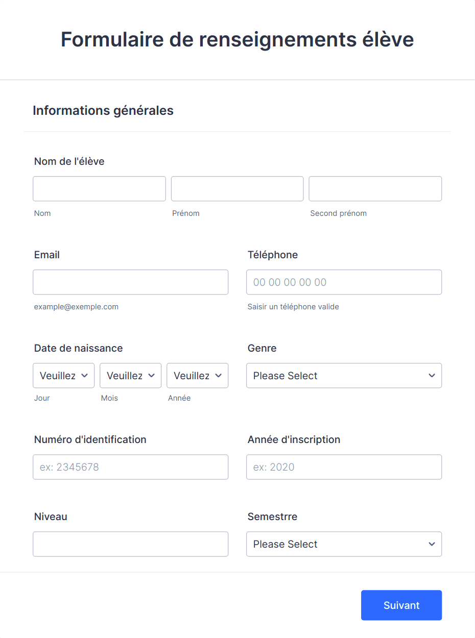 Formulaire de renseignements élève Modèle du formulaire | Jotform