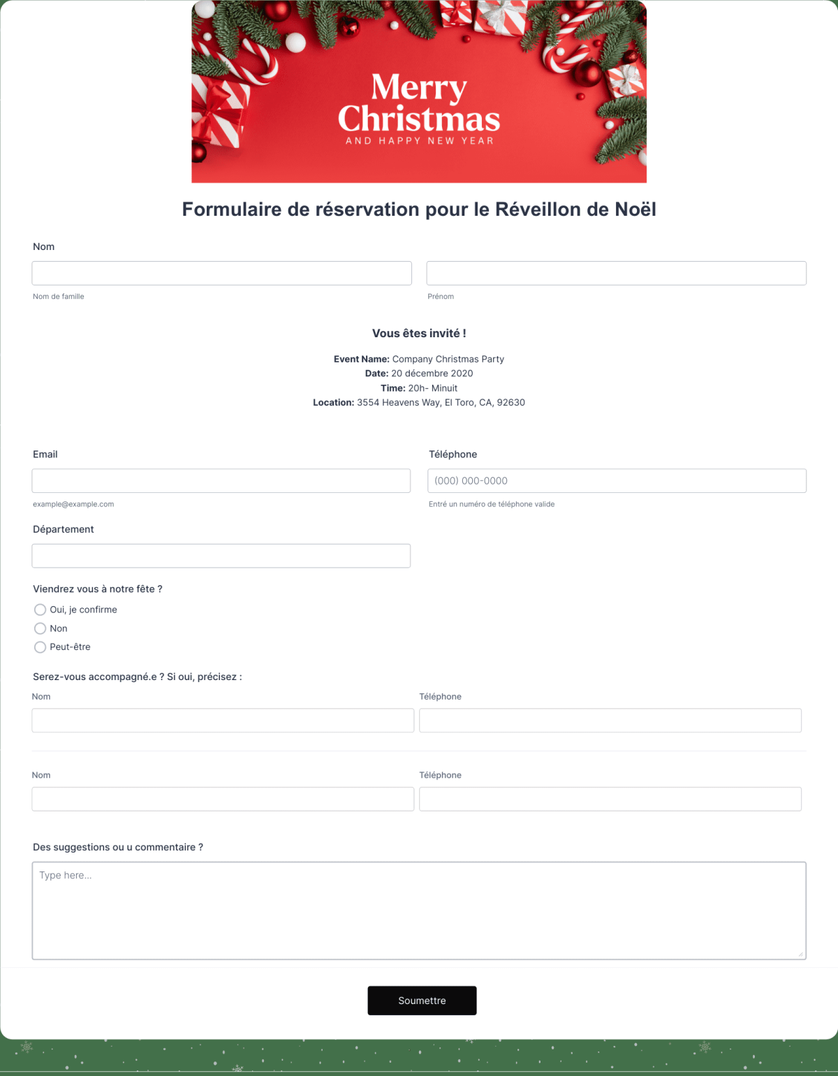 Formulaire de réservation pour le Réveillon de Noël Modèle du ...