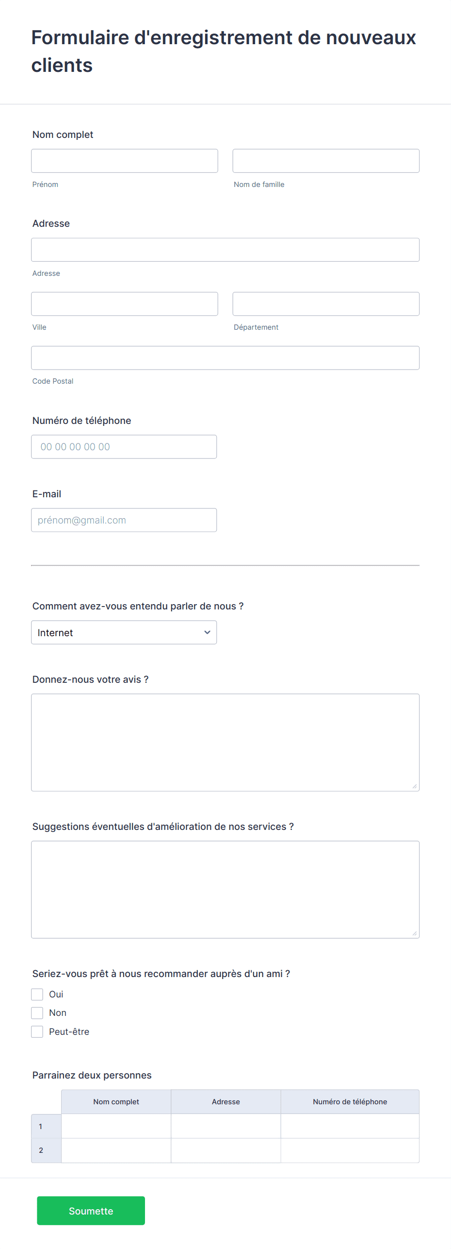 Formulaire d'enregistrement de nouveaux clients Modèle du formulaire ...