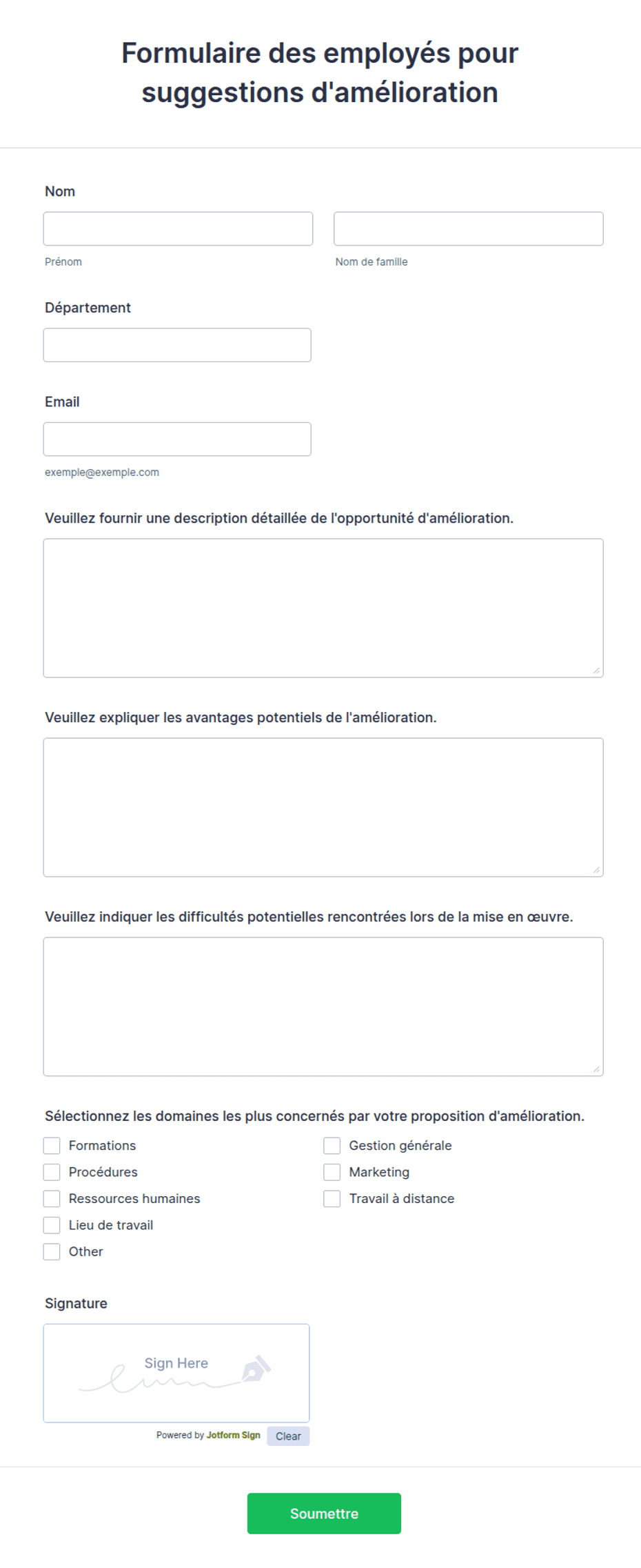 Formulaire des employés pour suggestions d'amélioration | Jotform