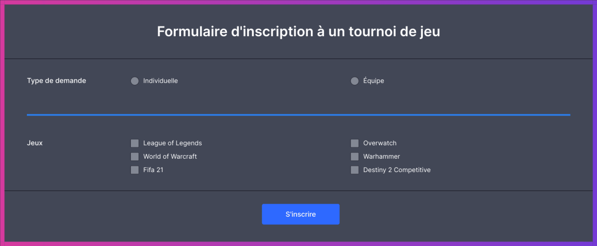 Formulaire d'inscription à un tournoi de jeu Modèle du formulaire | Jotform