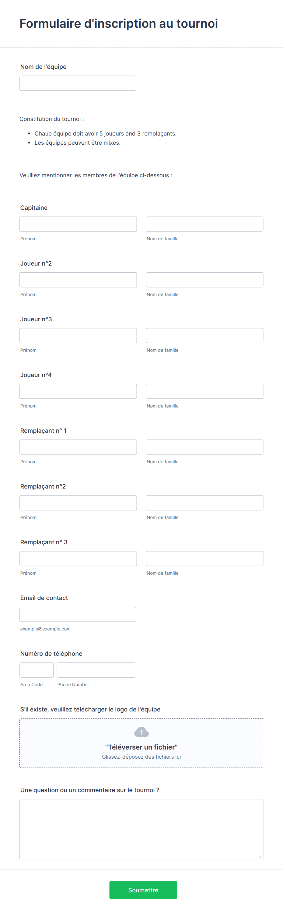 Formulaire d'inscription au tournoi Modèle du formulaire | Jotform