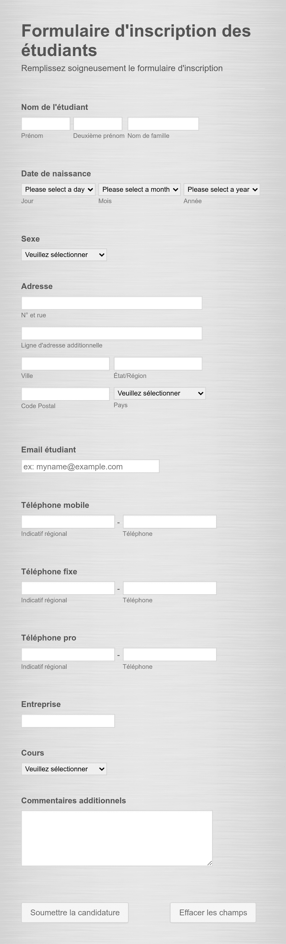 Formulaire d'inscription des étudiants Modèle du formulaire | Jotform