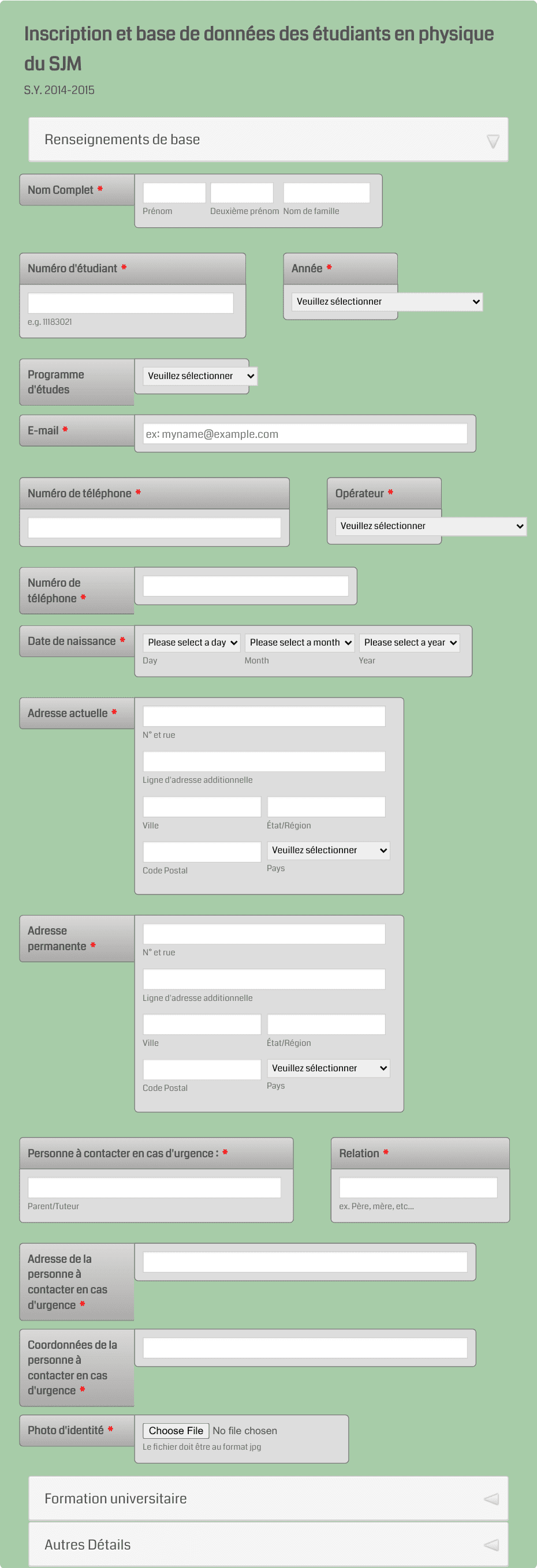Formulaire d'inscription des étudiants Modèle du formulaire | Jotform
