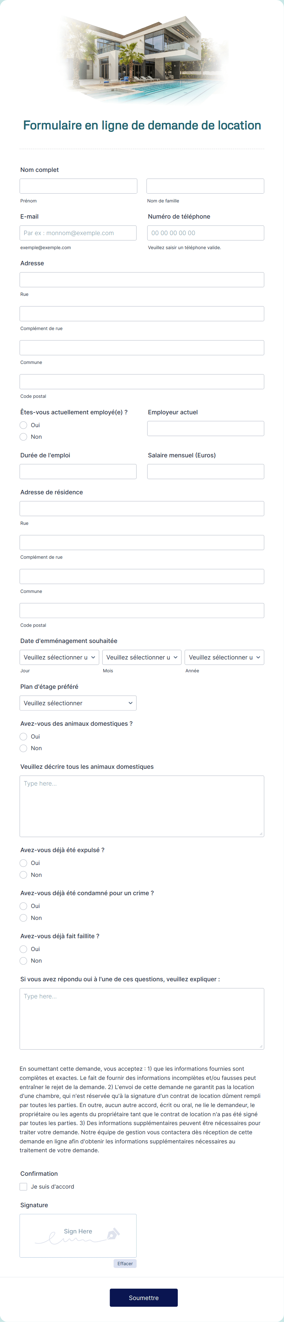 Formulaire en ligne de demande de location Modèle du formulaire | Jotform