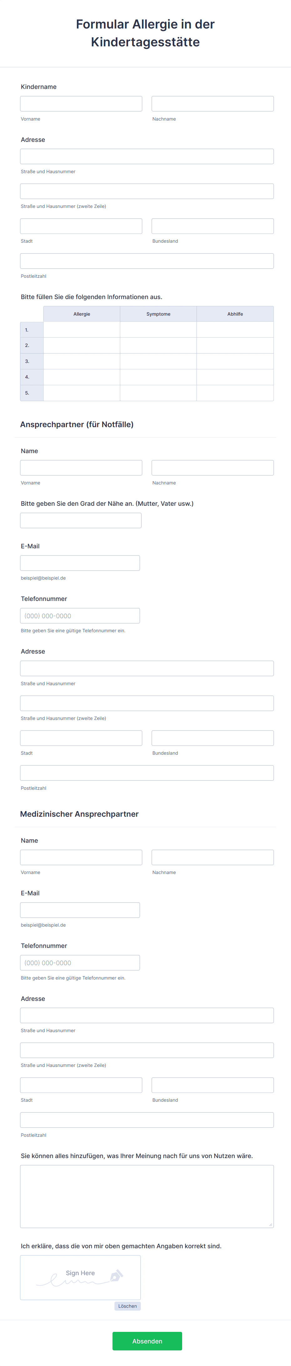 Formular Allergie in der Kindertagesstätte Formularvorlage | Jotform