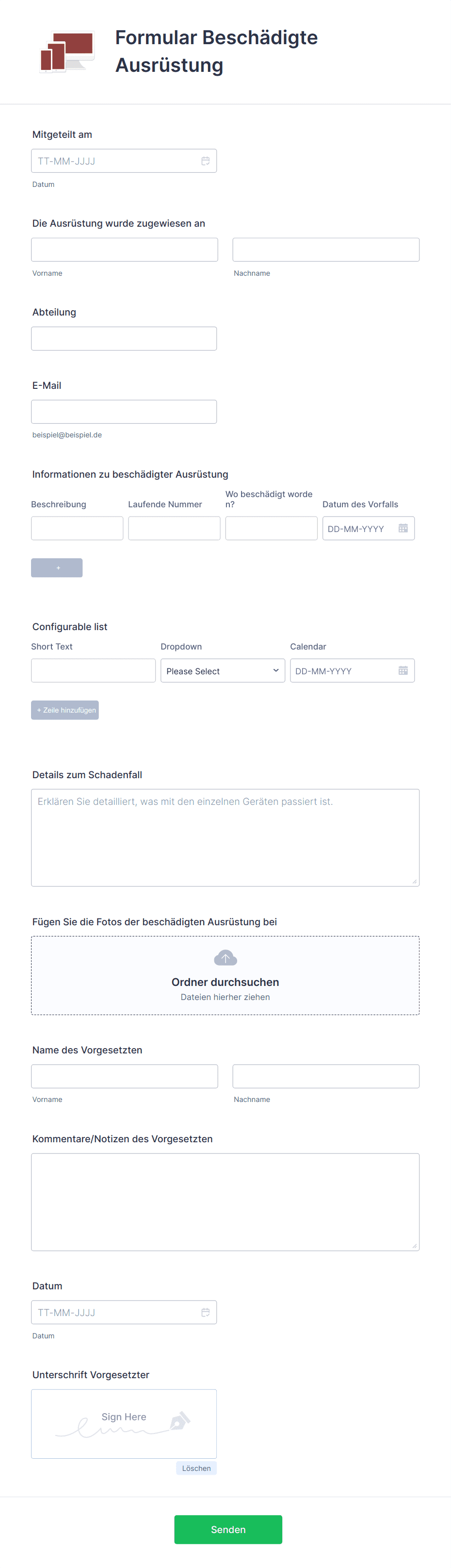 Formular Beschädigte Ausrüstung Formularvorlage | Jotform