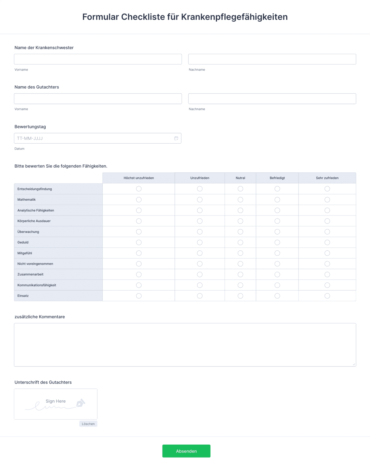 Formular Checkliste für Krankenpflegefähigkeiten Formularvorlage | Jotform