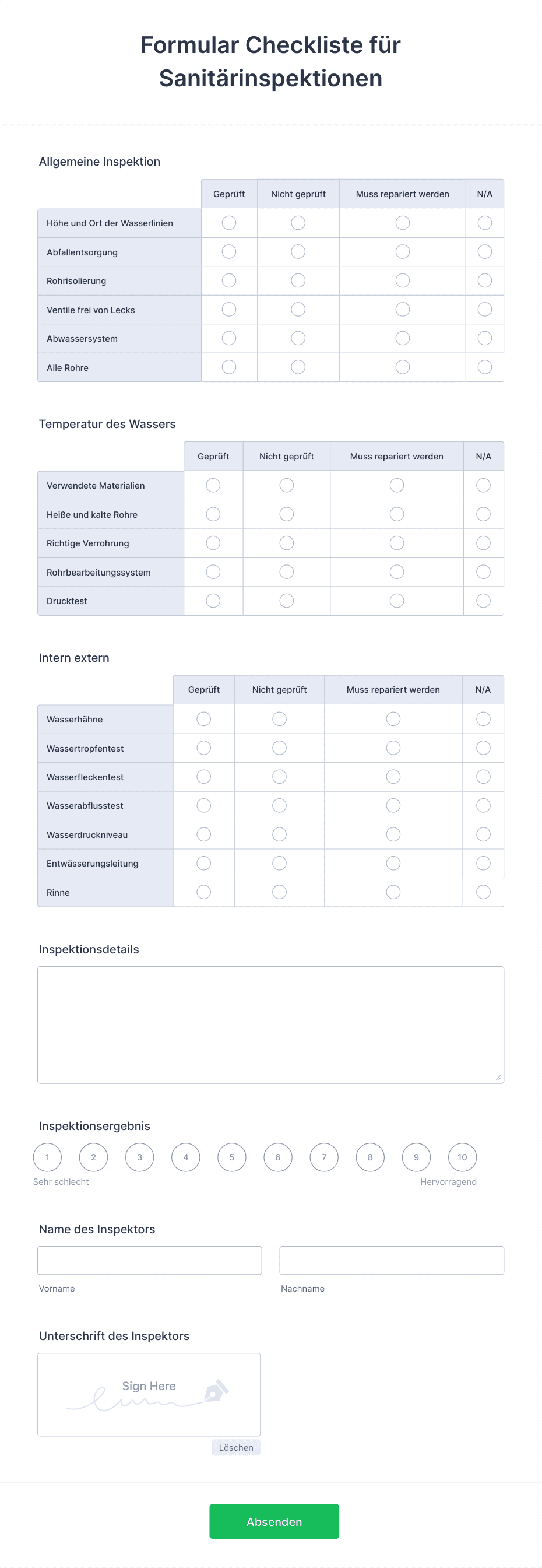 Formular Checkliste für Sanitärinspektionen Formularvorlage | Jotform