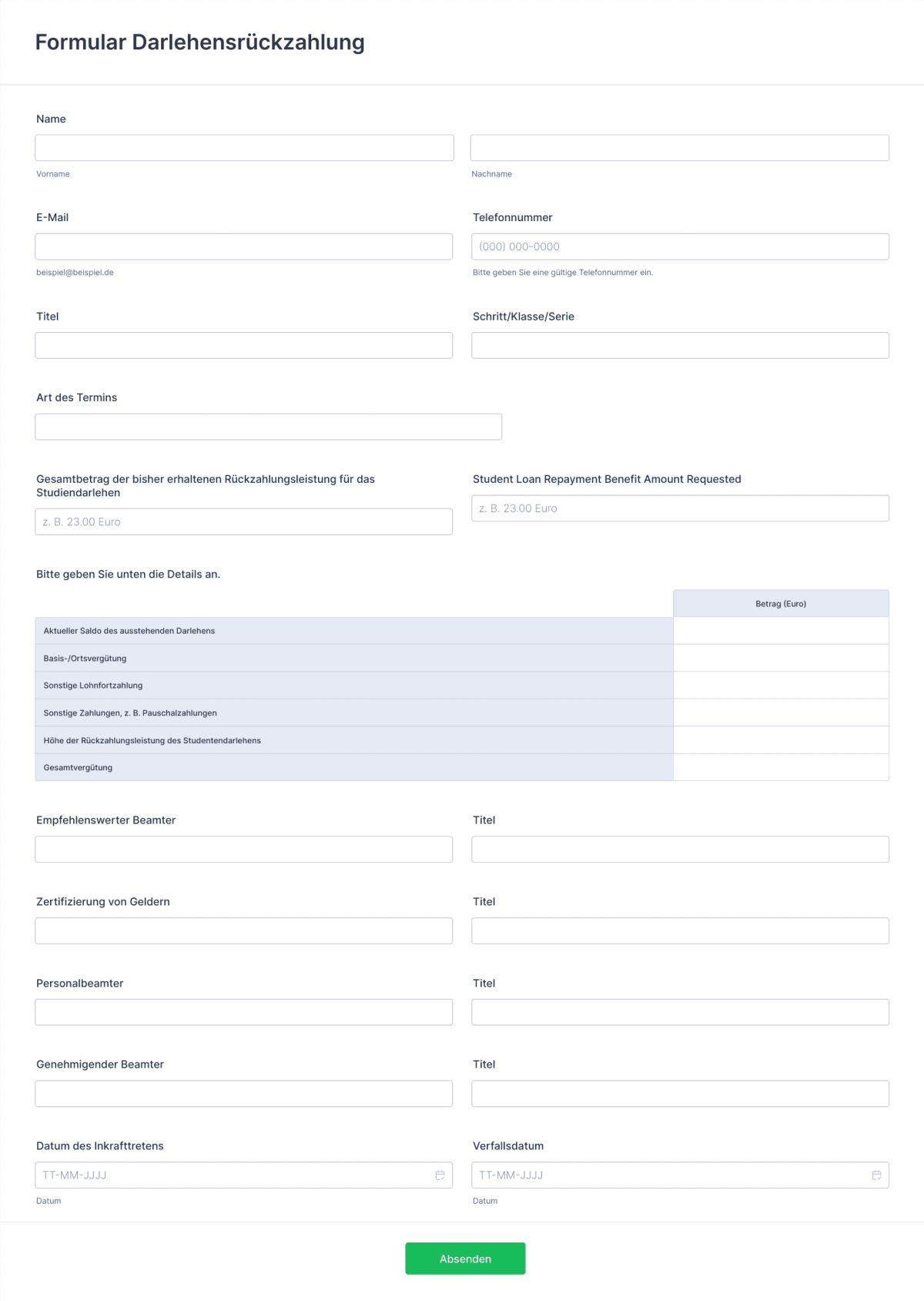 Formular Darlehensrückzahlung Formularvorlage | Jotform