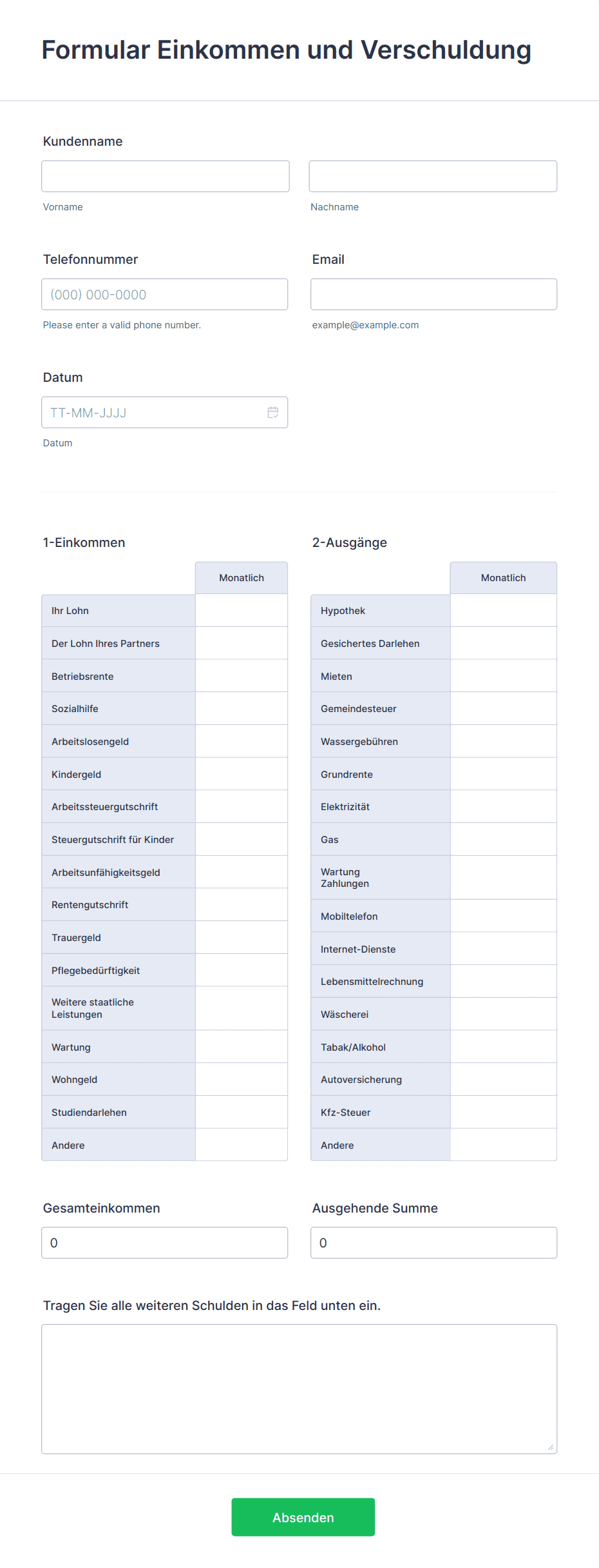 Formular Einkommen und Verschuldung Formularvorlage | Jotform
