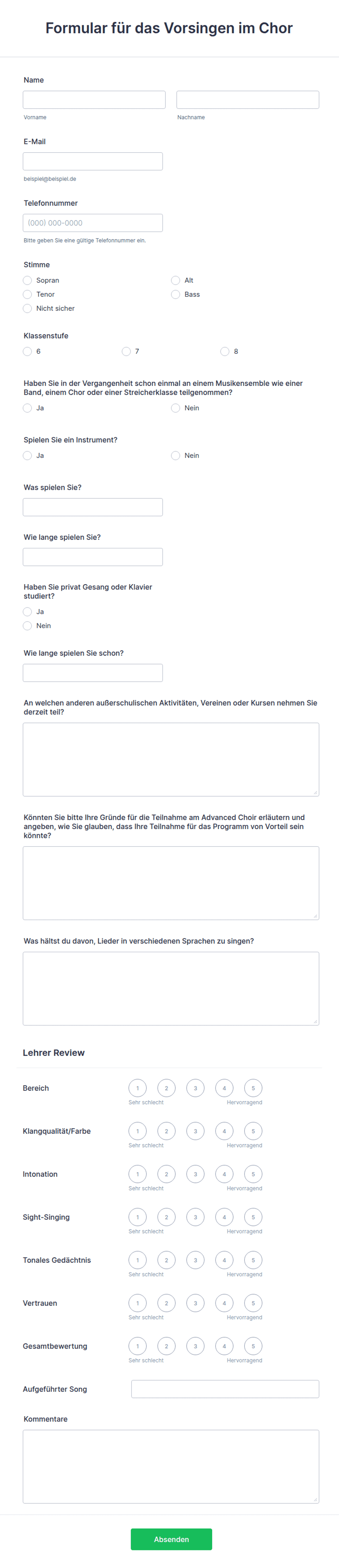 Formular für das Vorsingen im Chor Formularvorlage | Jotform