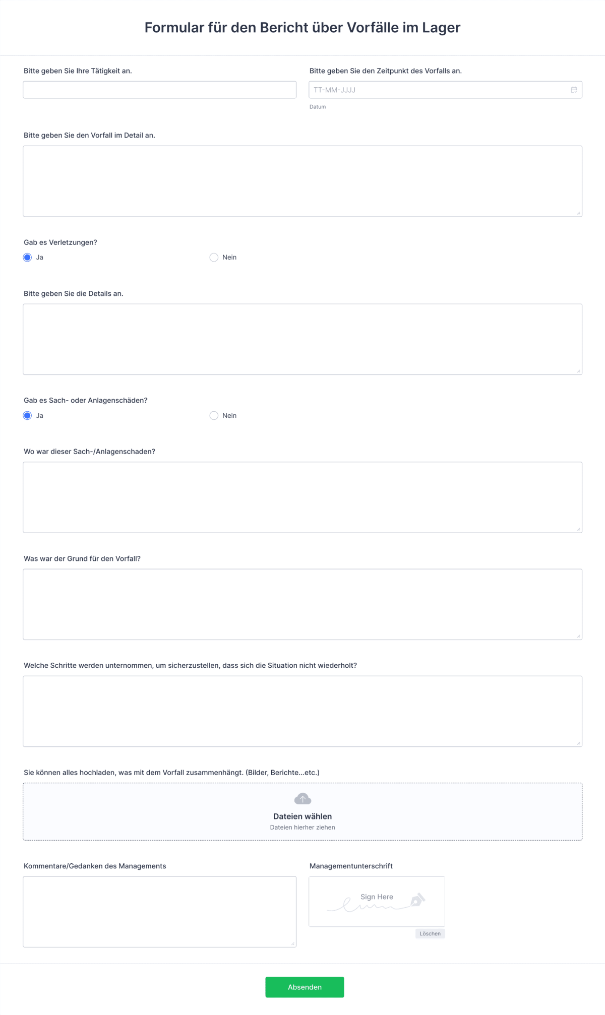 Formular für den Bericht über Vorfälle im Lager Formularvorlage | Jotform