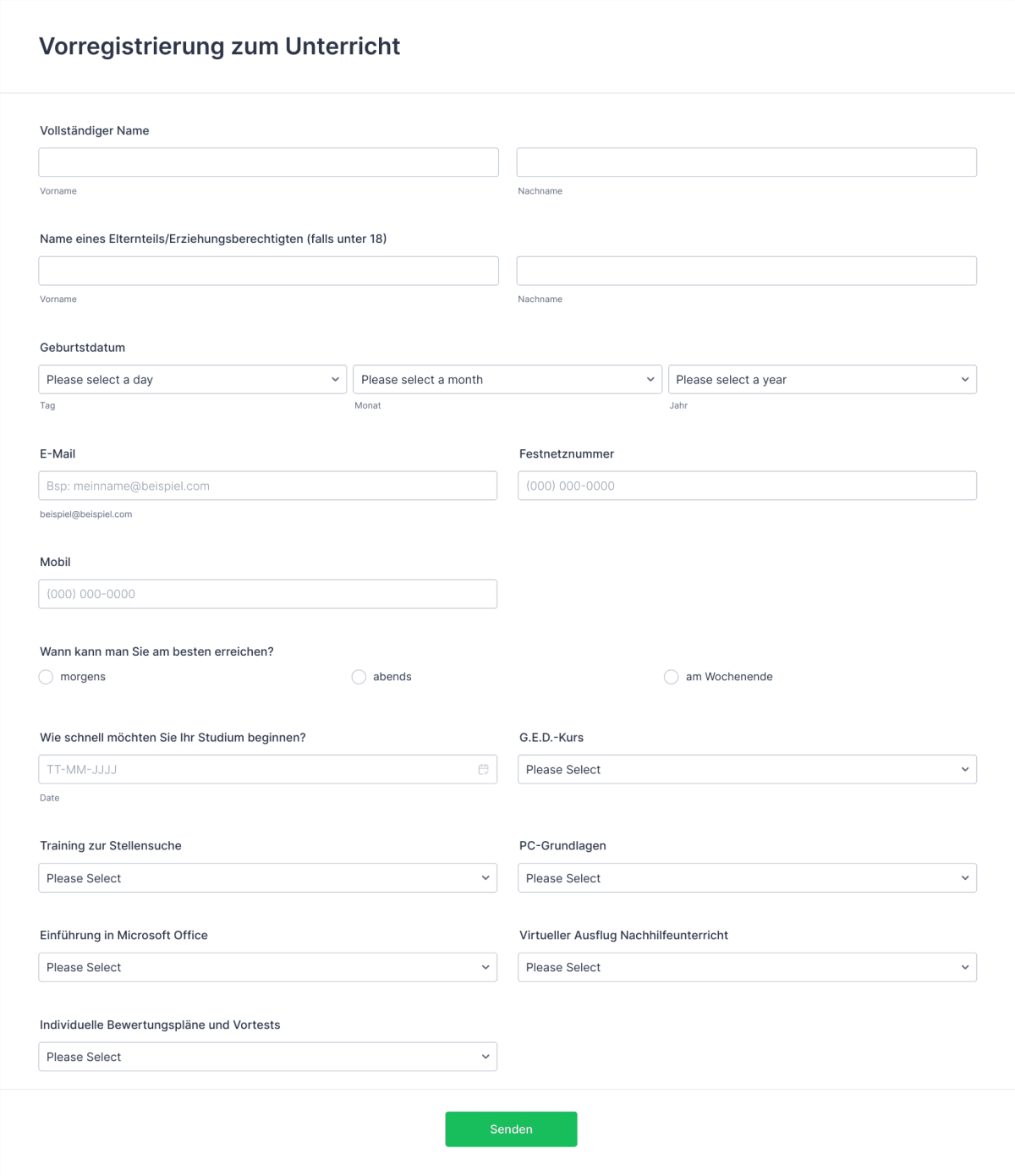 Formular für die Anmeldung zum Unterricht Formularvorlage | Jotform