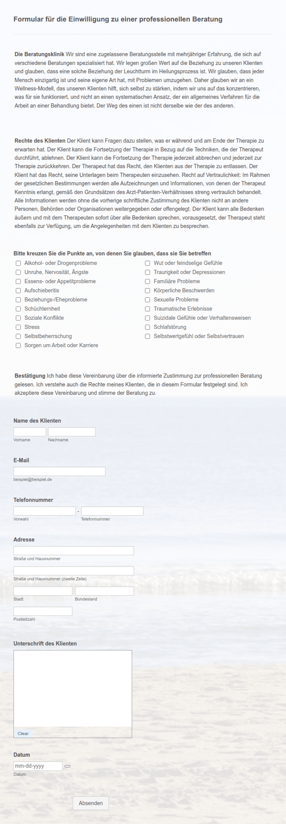 Formular für die Einwilligung zu einer professionellen Beratung ...