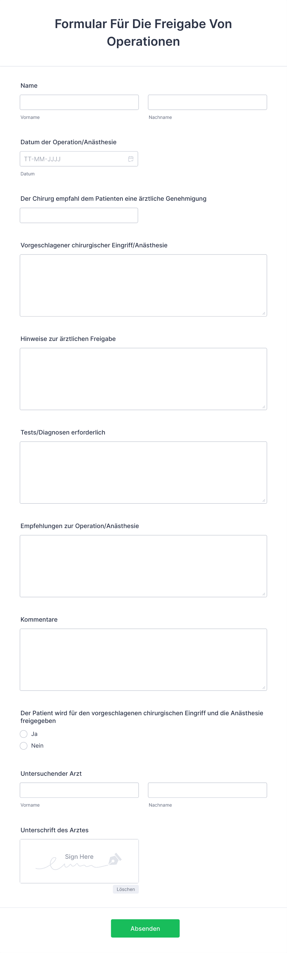 Formular Für Die Freigabe Von Operationen Formularvorlage | Jotform