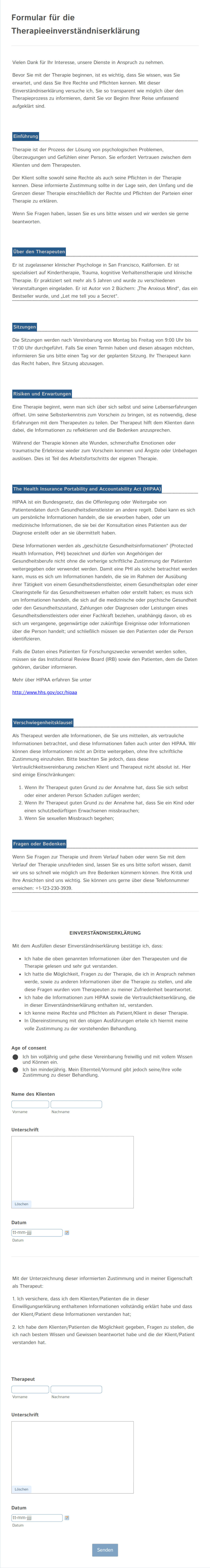 Formular für die Therapieeinverständniserklärung Formularvorlage | Jotform