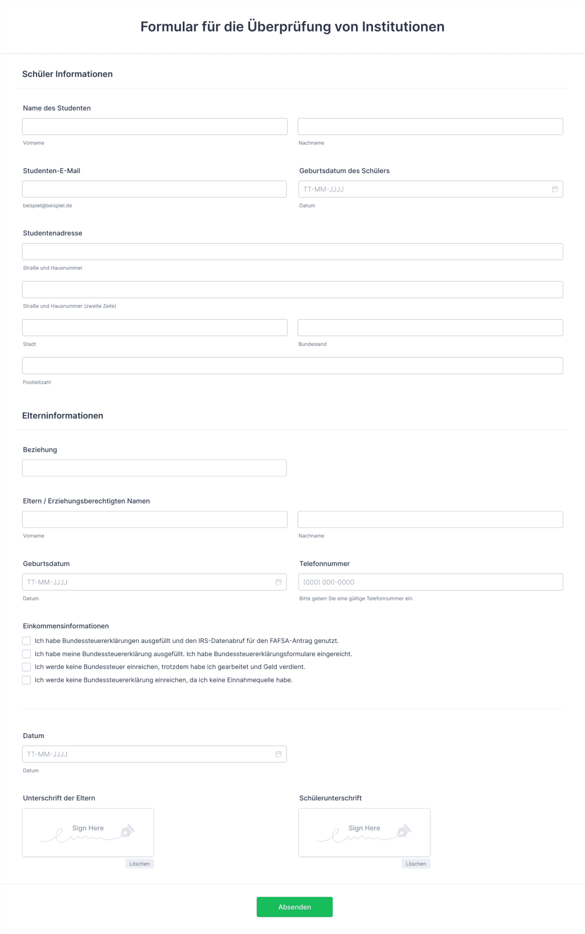 Formular für die Überprüfung von Institutionen Formularvorlage | Jotform