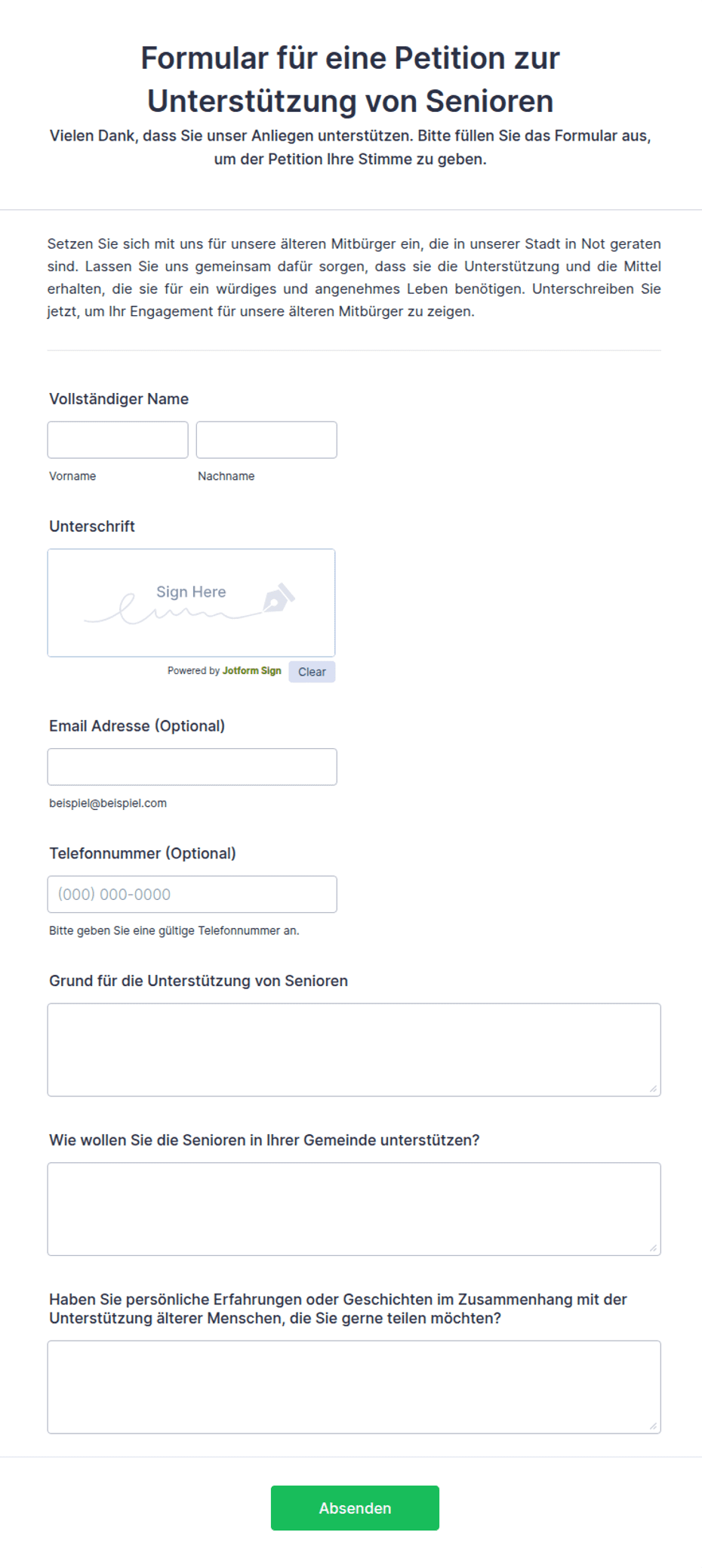 Formular für eine Petition zur Unterstützung von Se... Formularvorlage ...