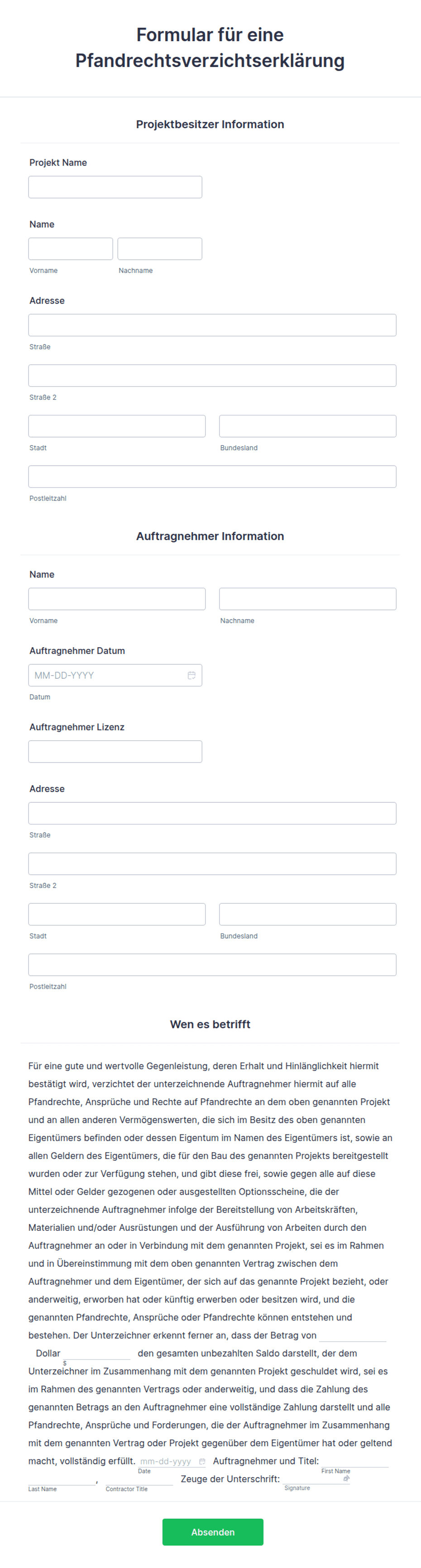 Formular für eine Pfandrechtsverzichtserklärung Formularvorlage | Jotform