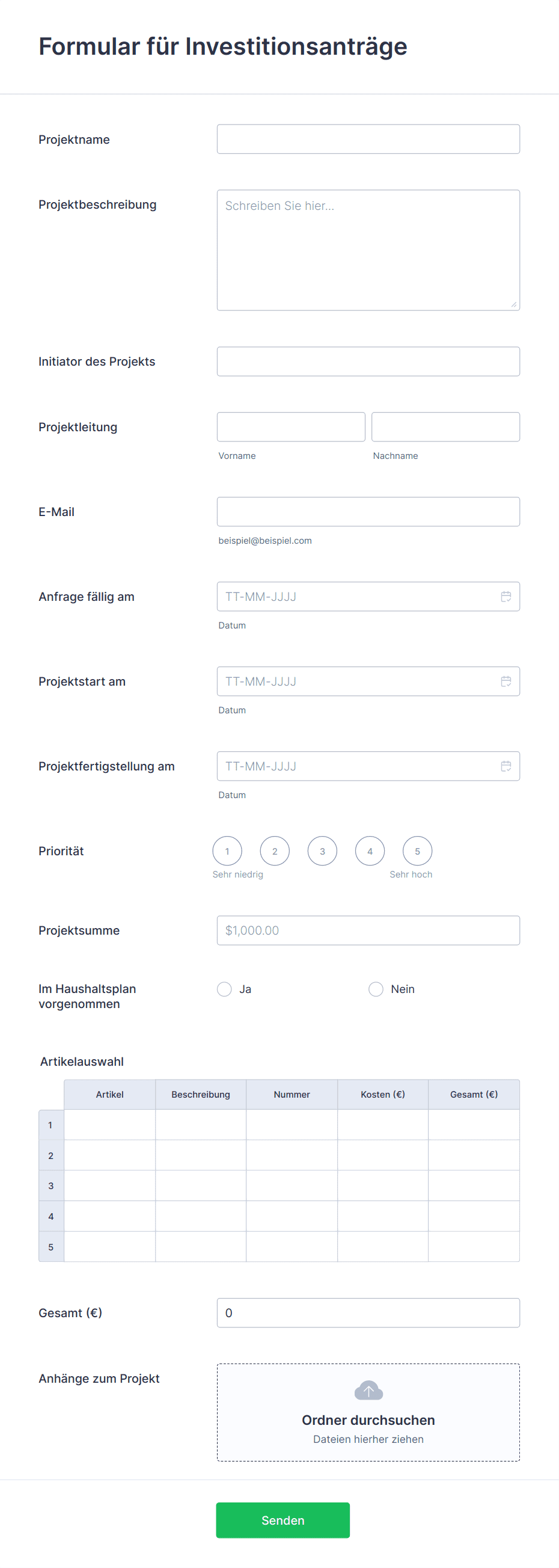 Formular für Investitionsanträge Formularvorlage | Jotform