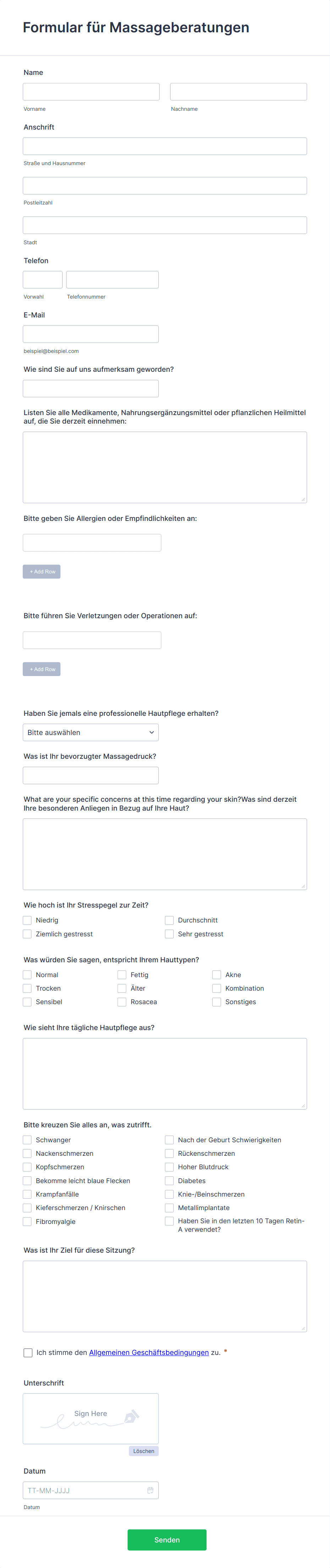 Formular für Massageberatungen Formularvorlage | Jotform
