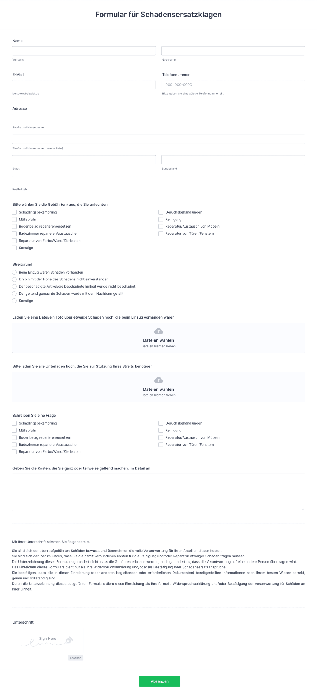 Formular für Schadensersatzklagen Formularvorlage | Jotform