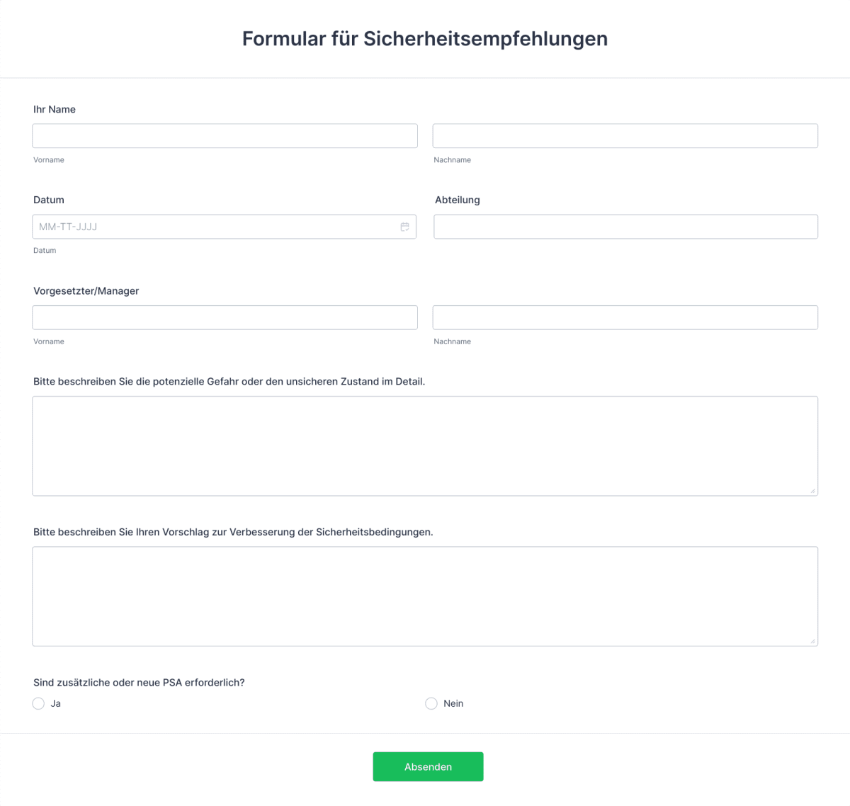 Formular für Sicherheitsempfehlungen Formularvorlage | Jotform