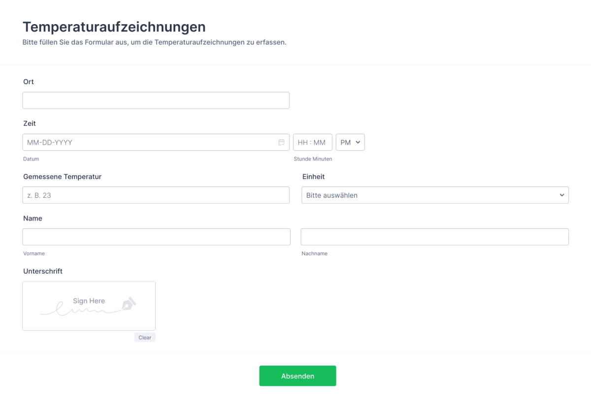 Formular für Temperaturaufzeichnungen Formularvorlage | Jotform
