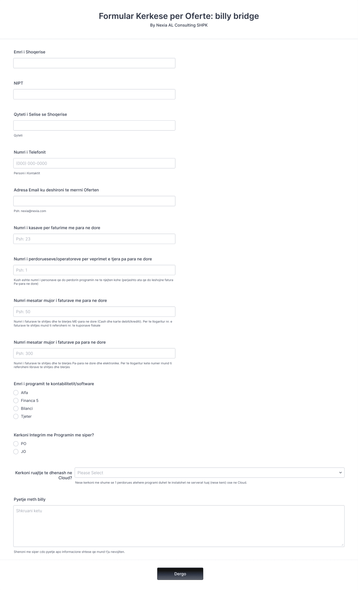 Formular Kerkese per Oferte: billy bridge Form Template | Jotform