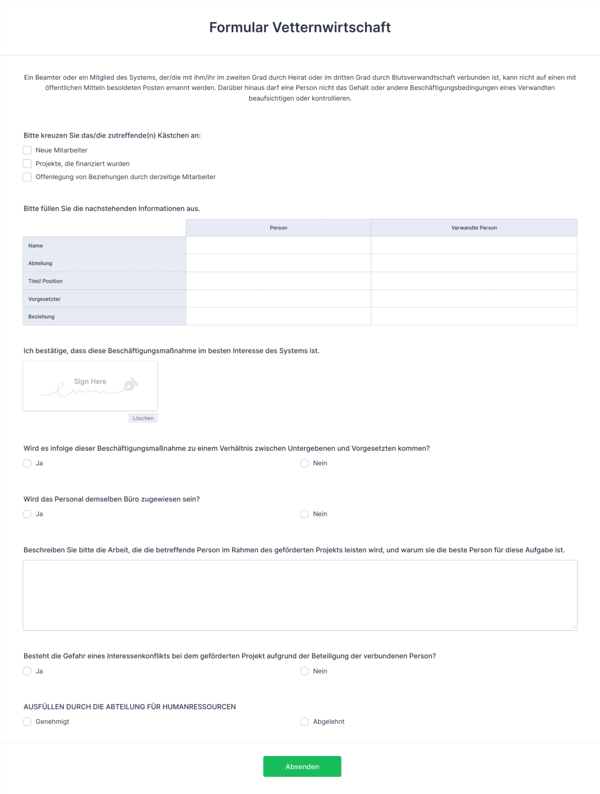 Formular Vetternwirtschaft Formularvorlage | Jotform