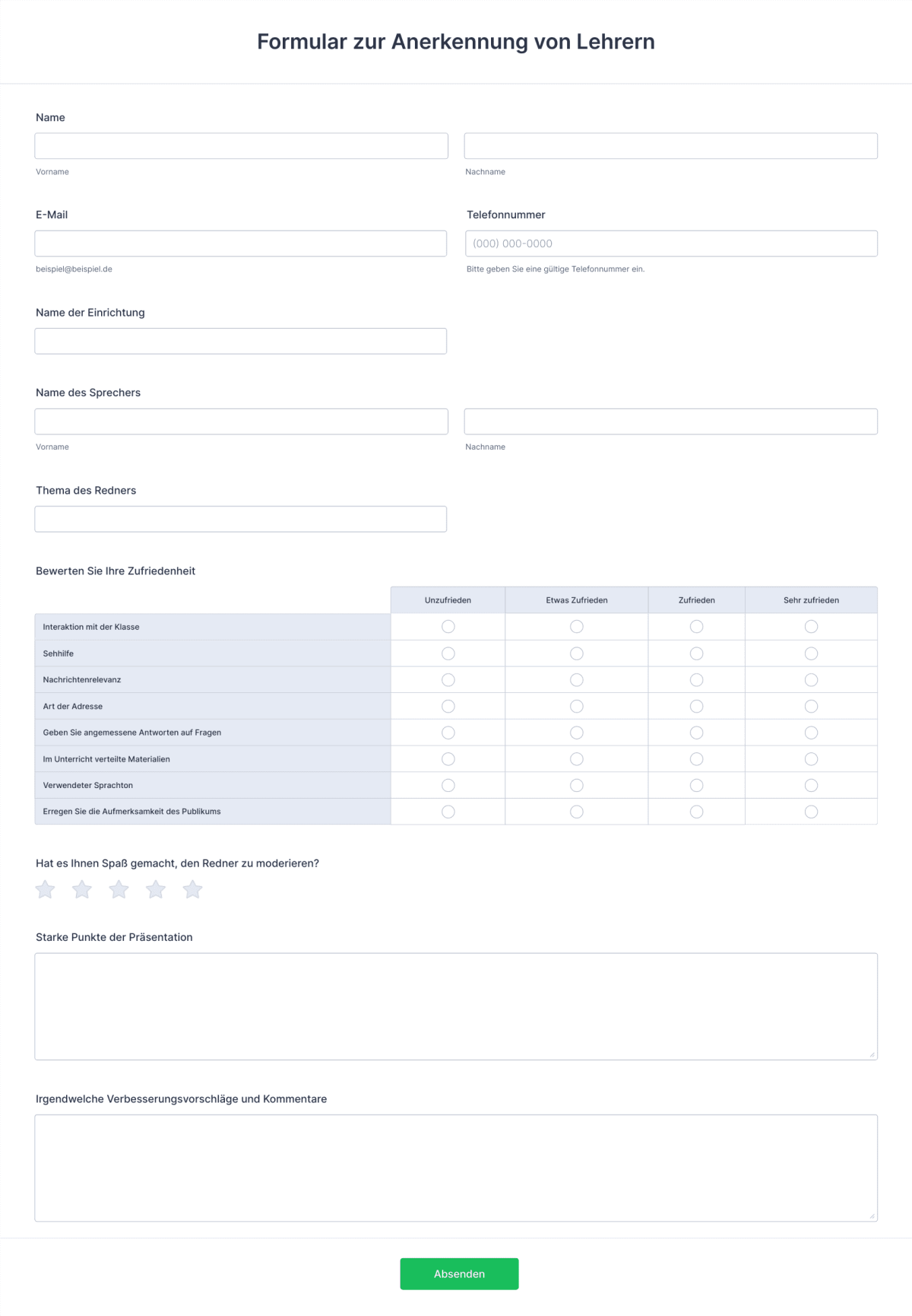 Formular zur Anerkennung von Lehrern Formularvorlage | Jotform