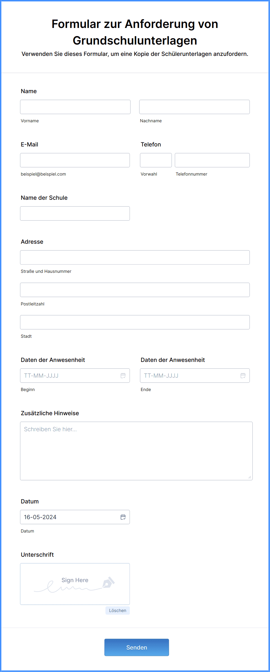 Formular zur Anforderung von Grundschulunterlagen Formularvorlage | Jotform