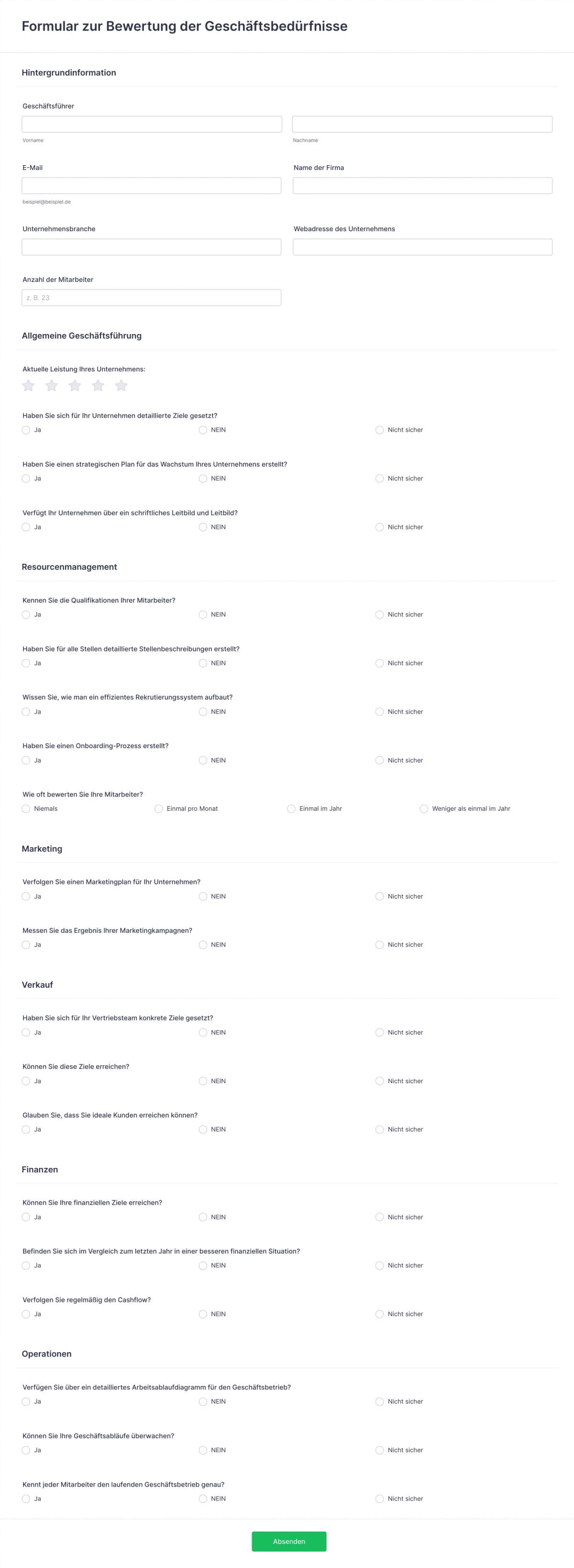 Formular zur Bewertung der Geschäftsbedürfnisse Formularvorlage | Jotform